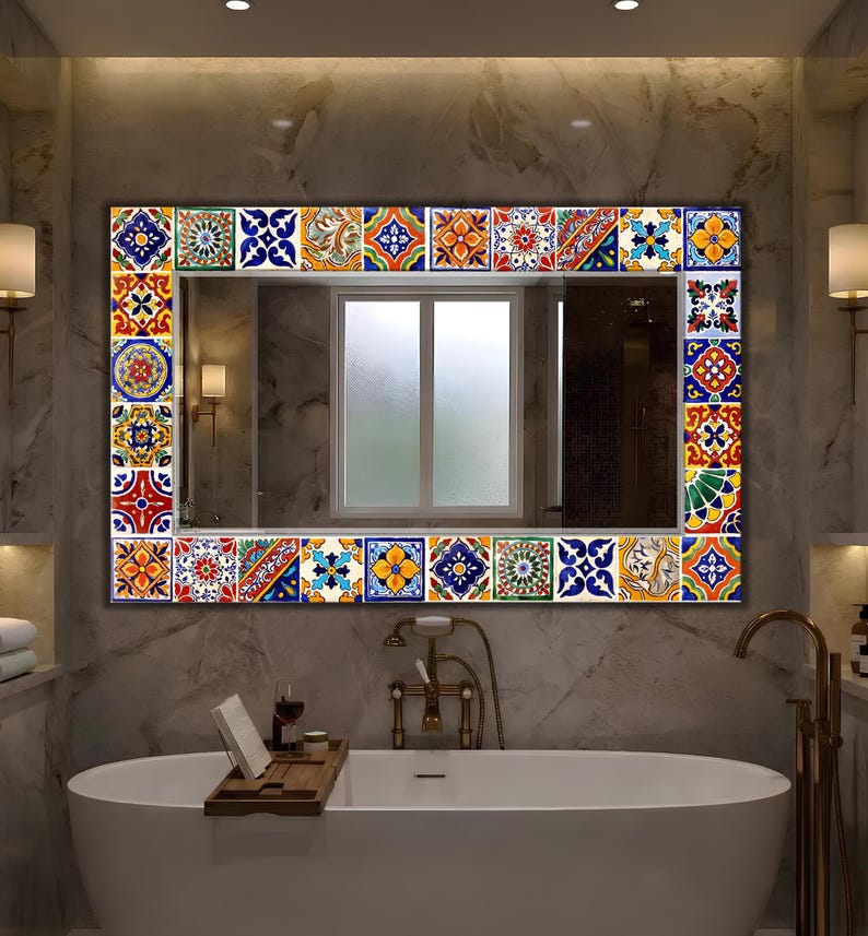 Customizable, Mexican Tile Pattern Round Mirror, Luxury Framing, Floral ...