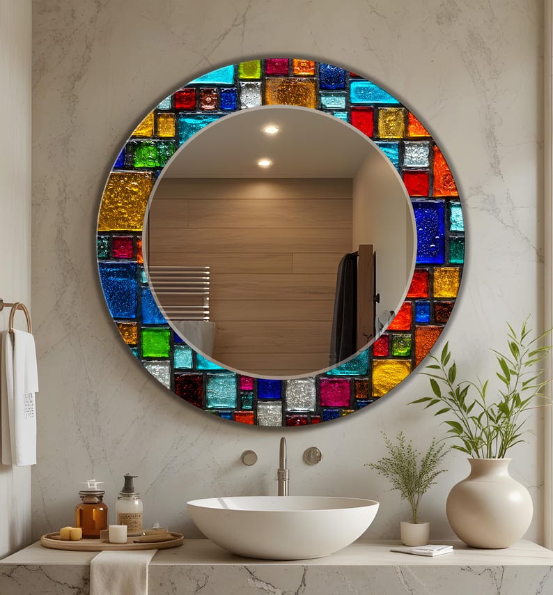 Large Mirror, Colorful Glass Mosaic Tile Wall Art as Mirror - Abstract ...