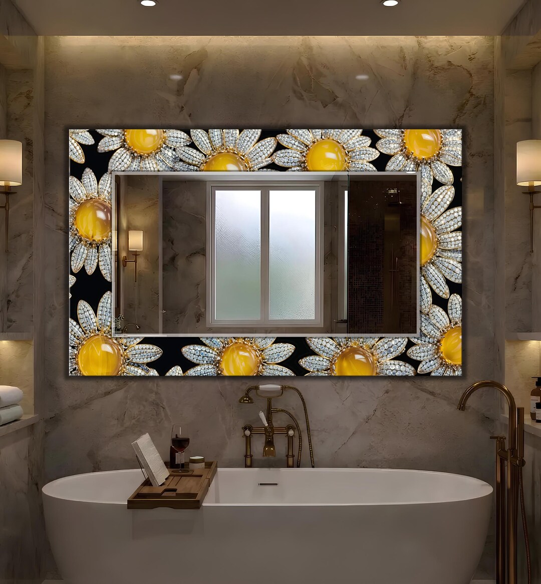 Luxury Over Bathtub Large Mirror, Daisy Flowers Framing Mirror, Diamond ...