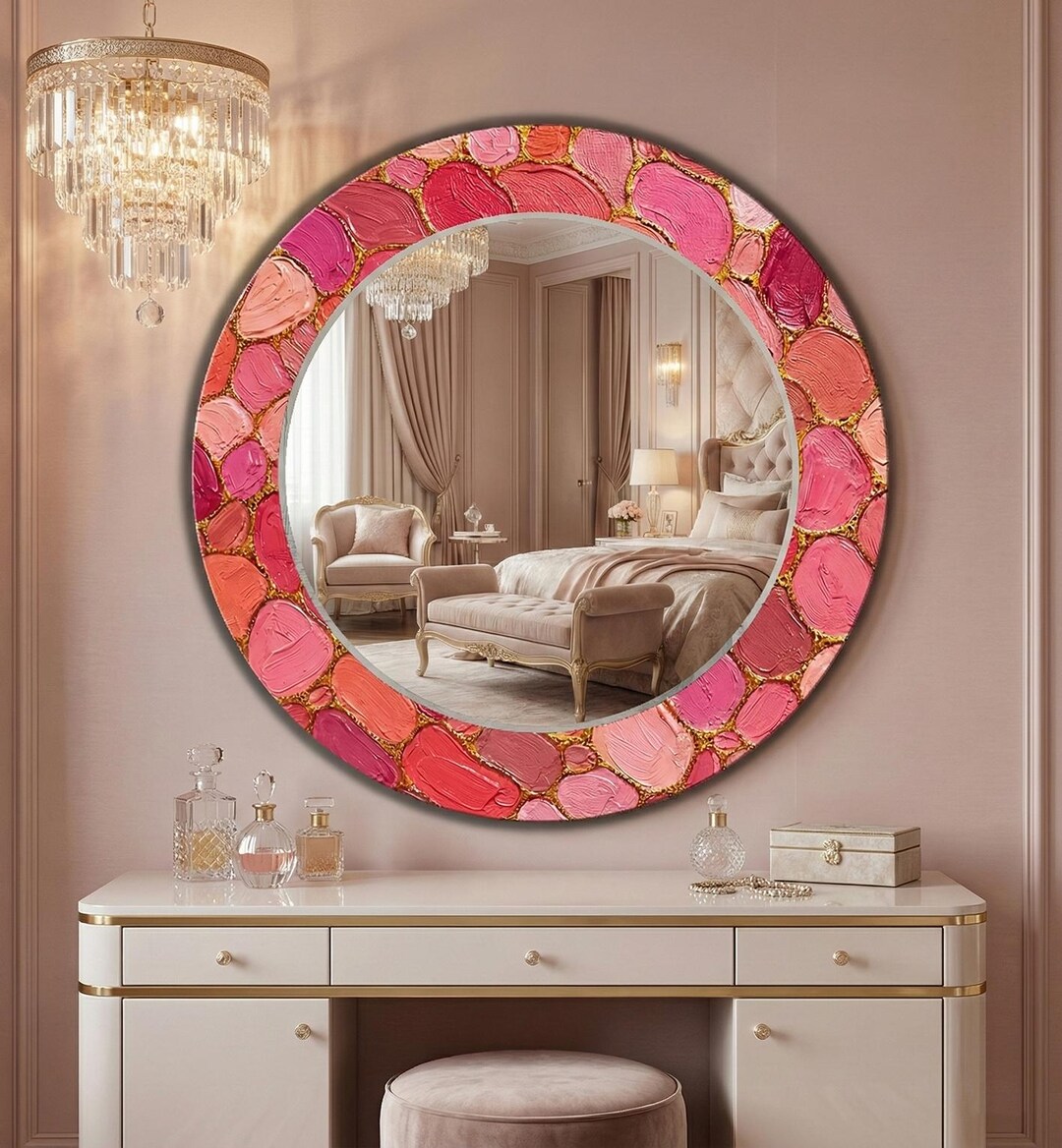 Customizable Pink Vanity Mirror, Abstract Pink and Gold Art With Mirror ...