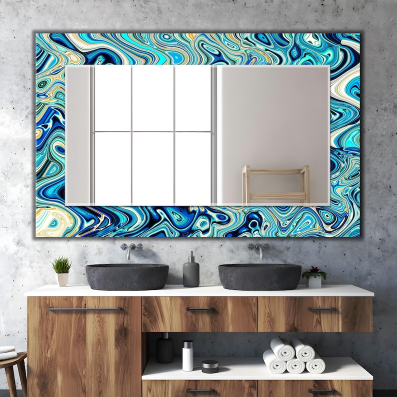 Large Blue Mirror With Marble Textures Glass Framing, Blue Waves ...