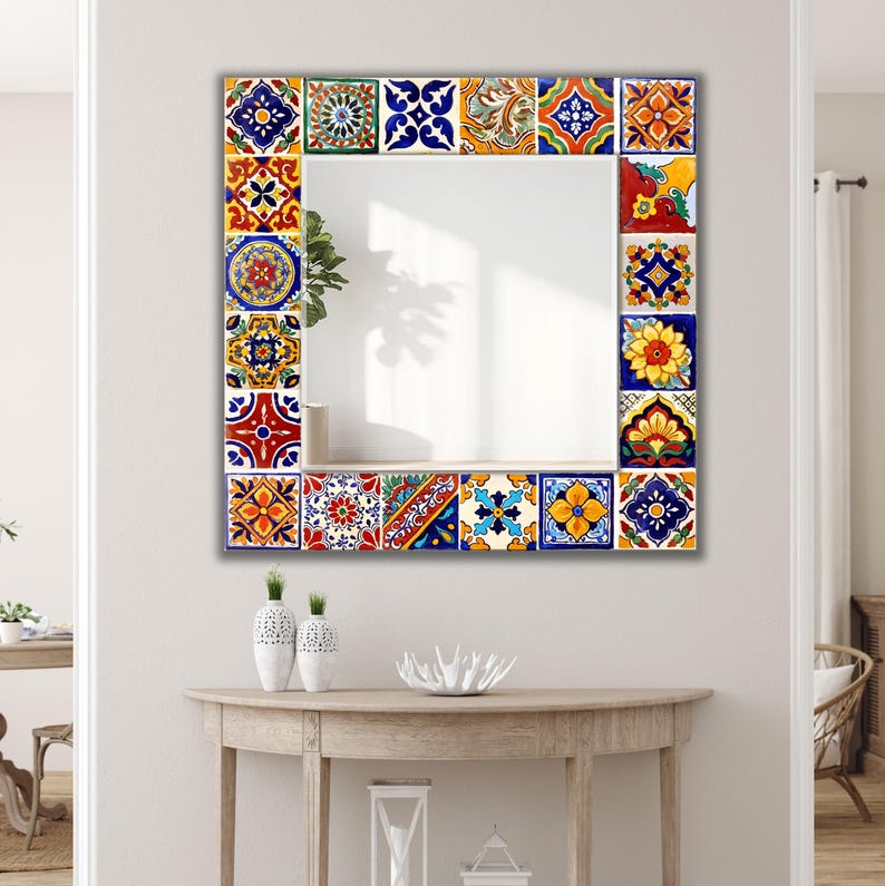 Espelho grande com azulejos mexicanos, moldura de luxo, arte de parede ...
