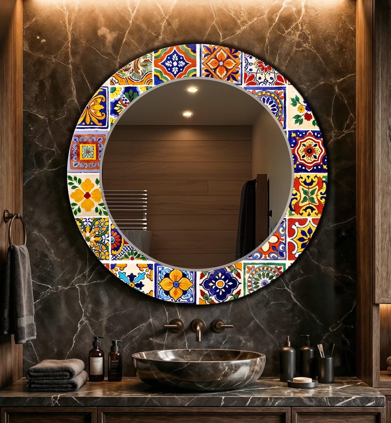 Customizable, Mexican Tile Look Bathroom Mirror, Luxury Framing, Floral ...