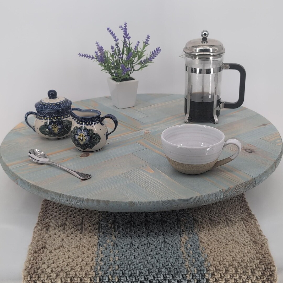 Rustic Light Blue Lazy Susan | 24" Whitewashed Reclaimed Wood Turntable ...