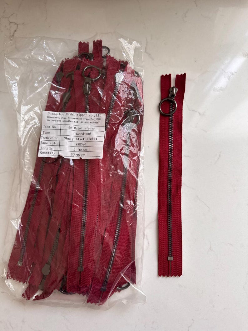 Red Metal Zipper With Ring Pull – 9" – Shiny Black Nickel Teeth ...