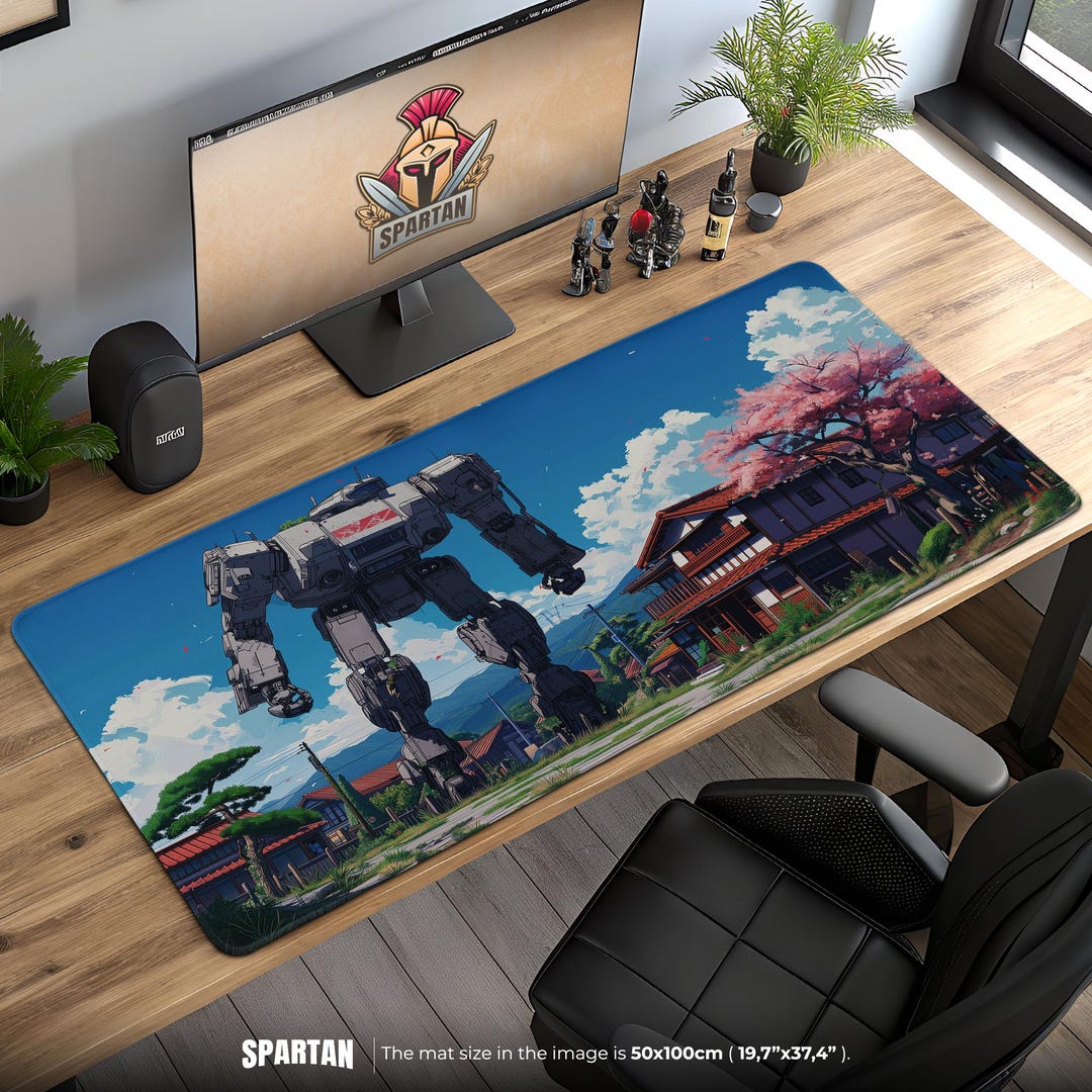 Mecha Robot Mouse Pad – Futuristic Mech in Tranquil Japanese Village ...