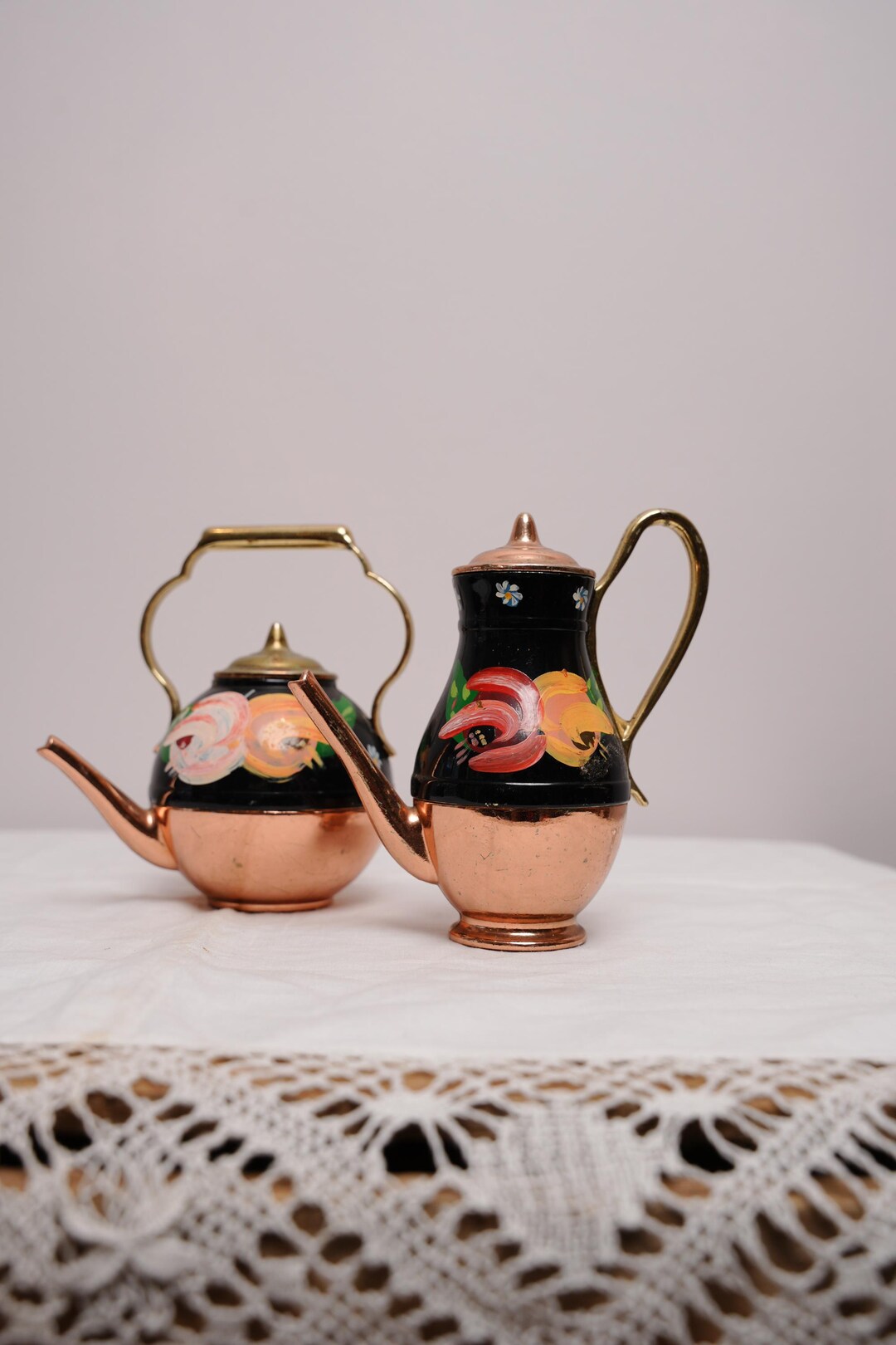 Pair Vintage Copper Teapots, Hand Painted Floral Miniature Coffee Pots ...