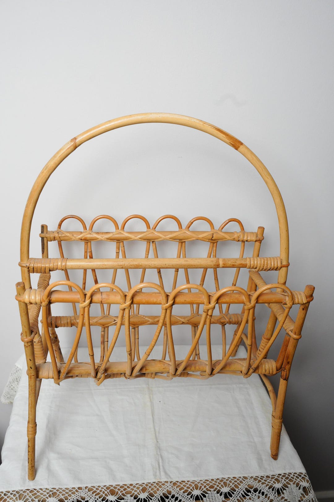 Vintage Rattan Magazine Rack | Boho Wicker Record Holder | Mid Century ...