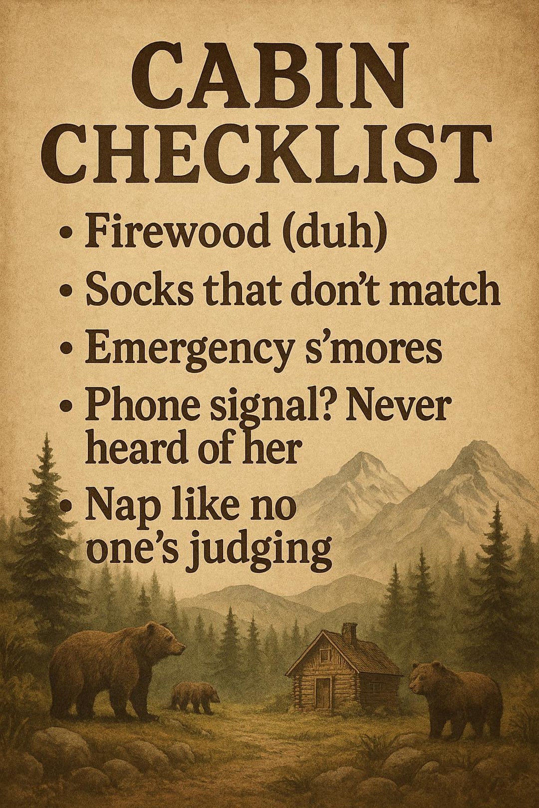 Rustic Bear Cabin Checklist – Funny Cabin Rules Print – Rustic Digital ...
