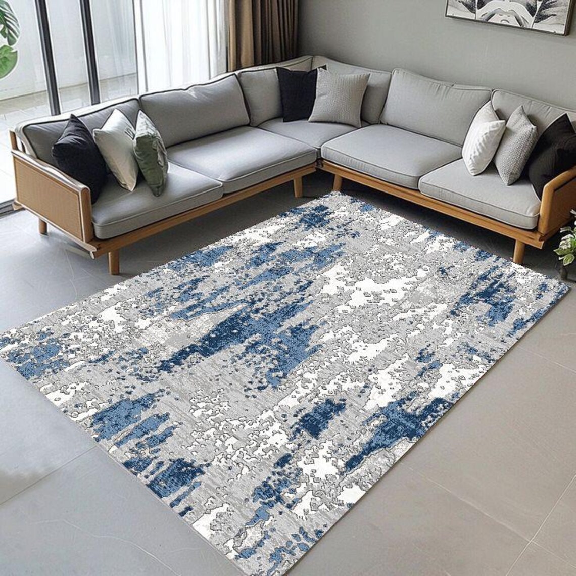 Modern Abstract Blue Gray Rug: Minimalist Living Room Carpet - Etsy