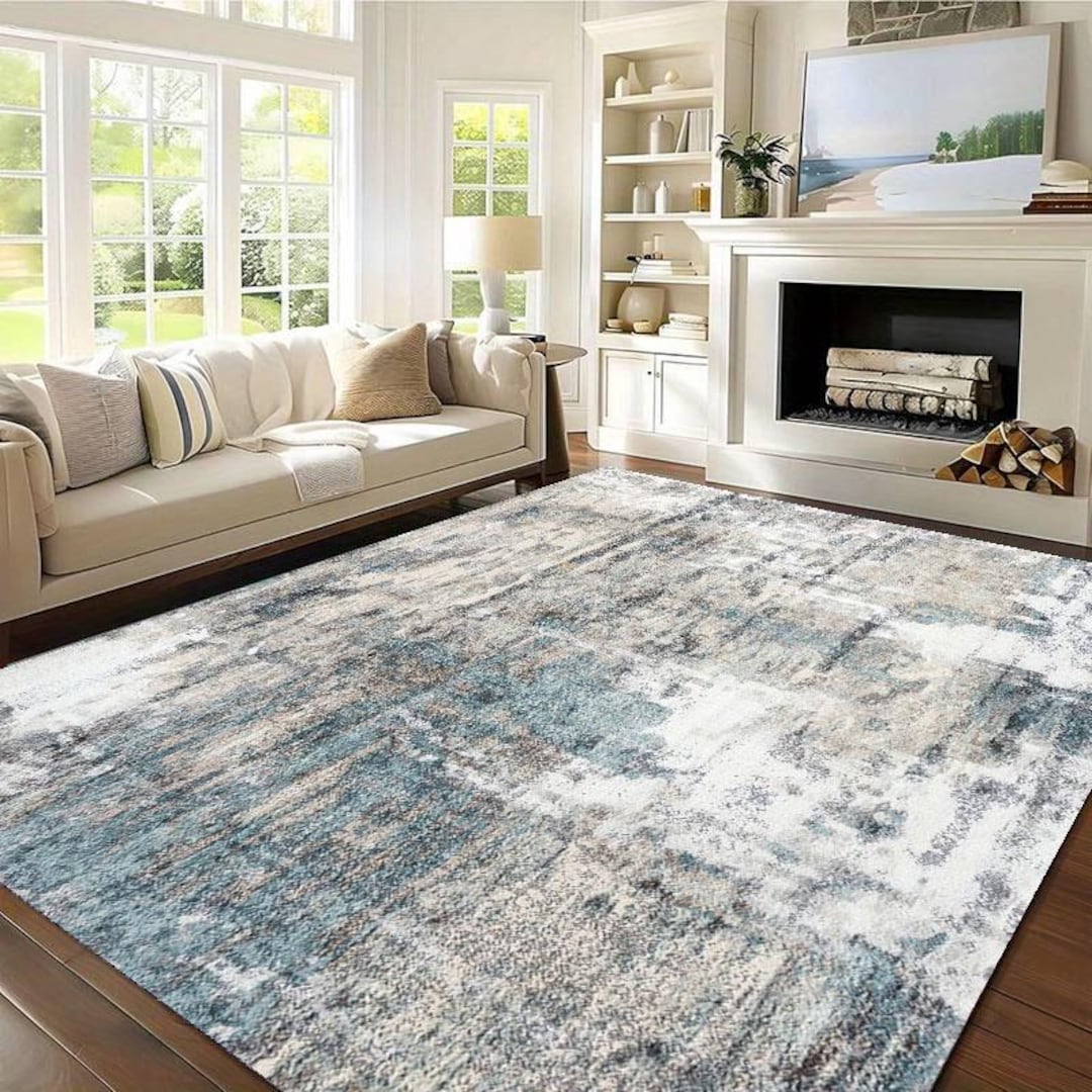 Modern Abstract Area Rug – Blue Beige Gray Rug – Contemporary Living ...