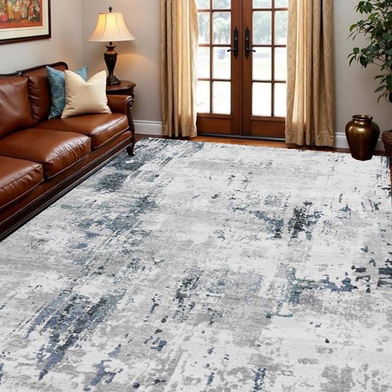 Modern Abstract Rug Gray Blue - Washable Area Rug - Contemporary Living ...