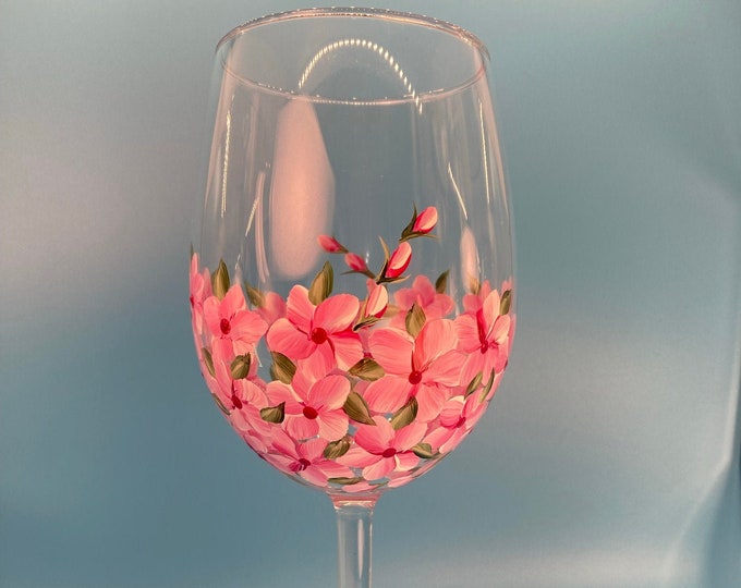 Hand Painted Wine Stems - Spring Blossoms Pink With Pink Bud Vines - Etsy