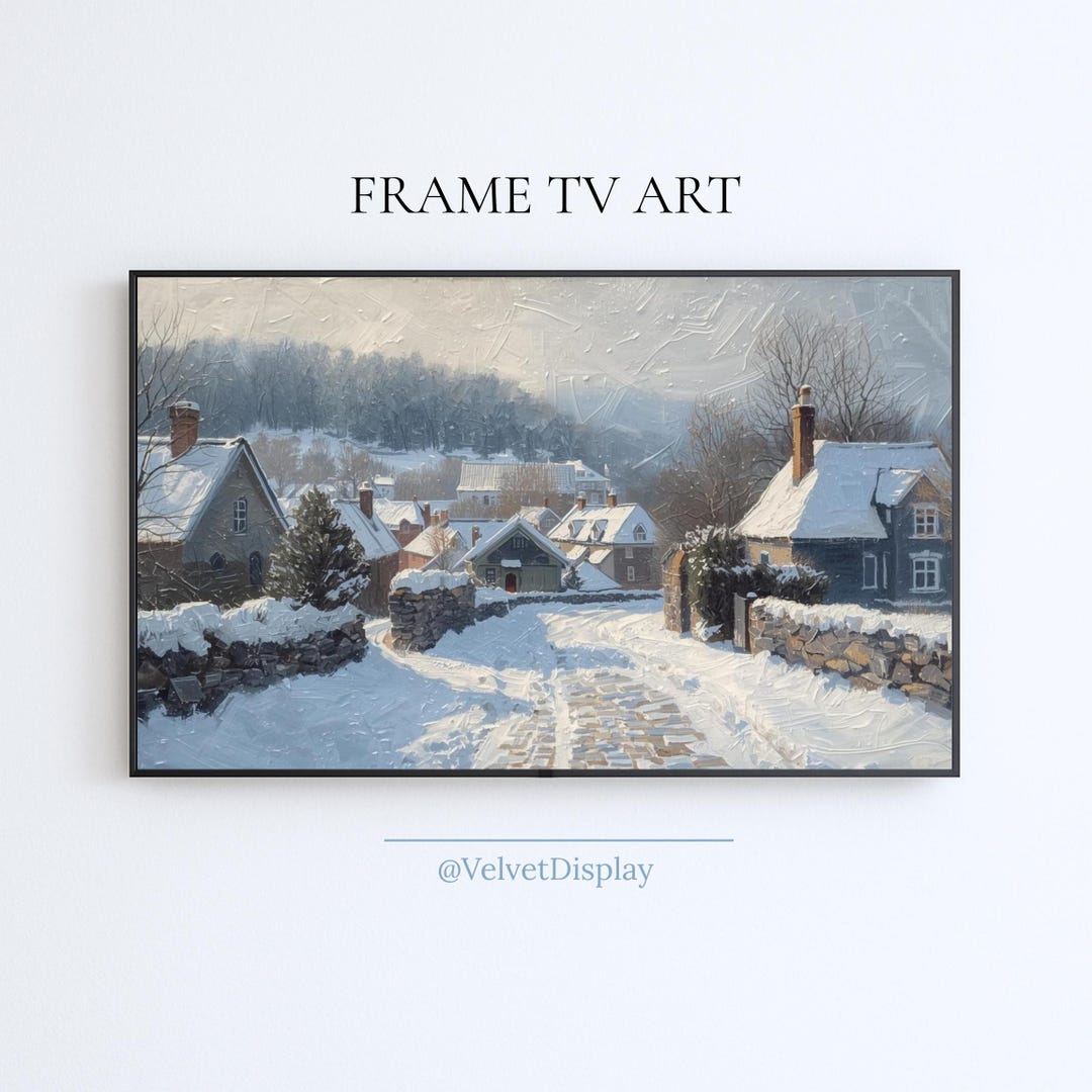 Snowy Village Frame Tv Art Vintage Winter Landscape Painting for ...