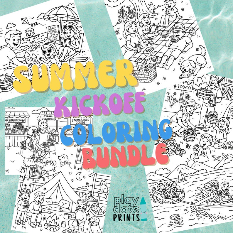 Summer Family Coloring Pages Bundle | Beach, Farmers Market, Lake Day ...