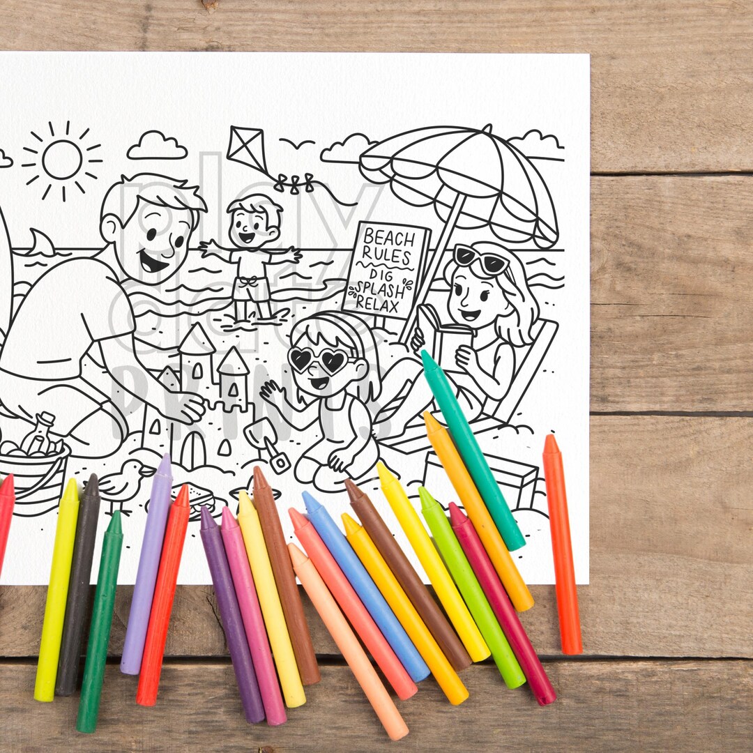 Family Beach Day Coloring Page – Summer Printable for Kids, Parents ...