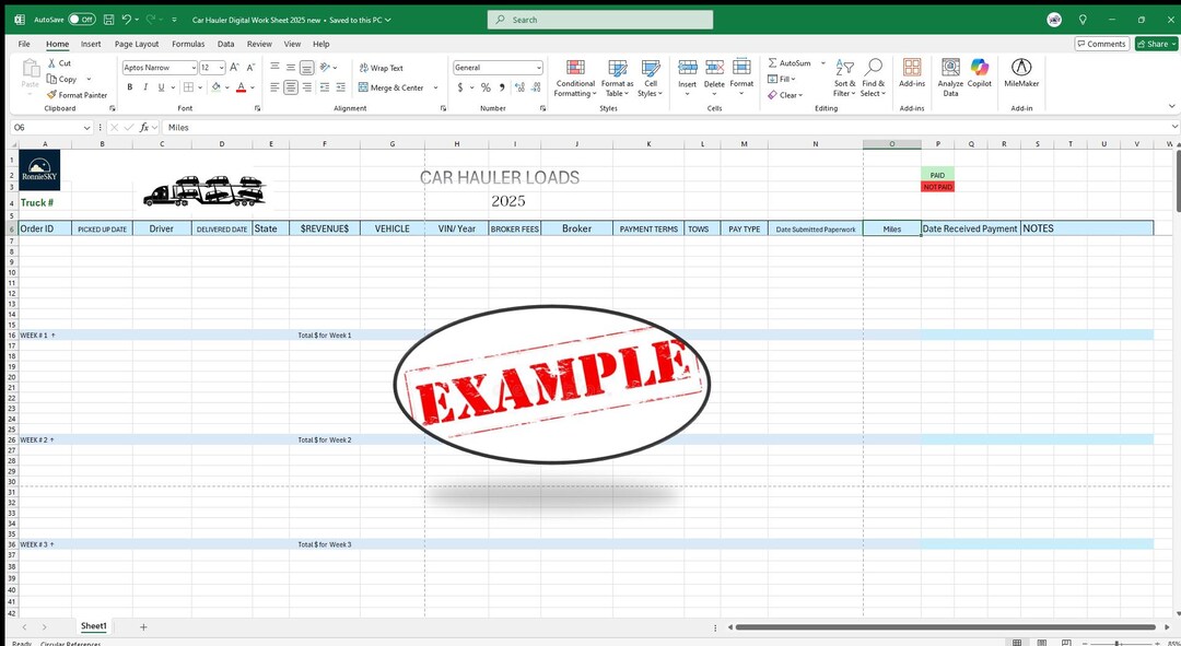 DIGITAL Car Hauler Excel Template | Vehicle Transport Log | Auto Hauling Dispatch Worksheet - Etsy