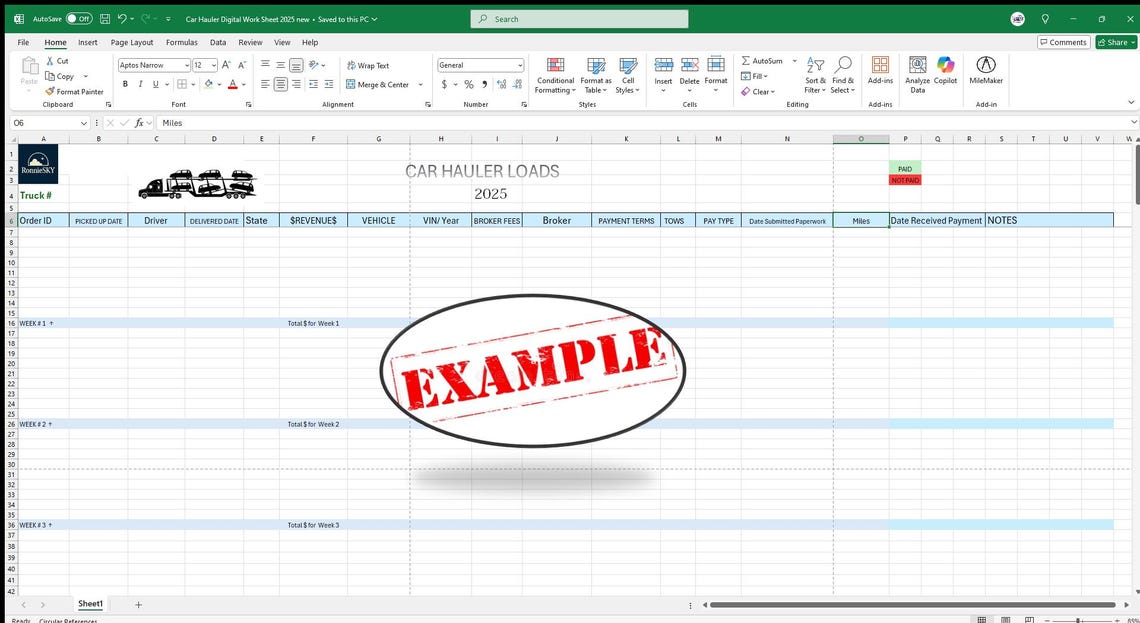 DIGITAL Car Hauler Excel Template | Vehicle Transport Log | Auto ...