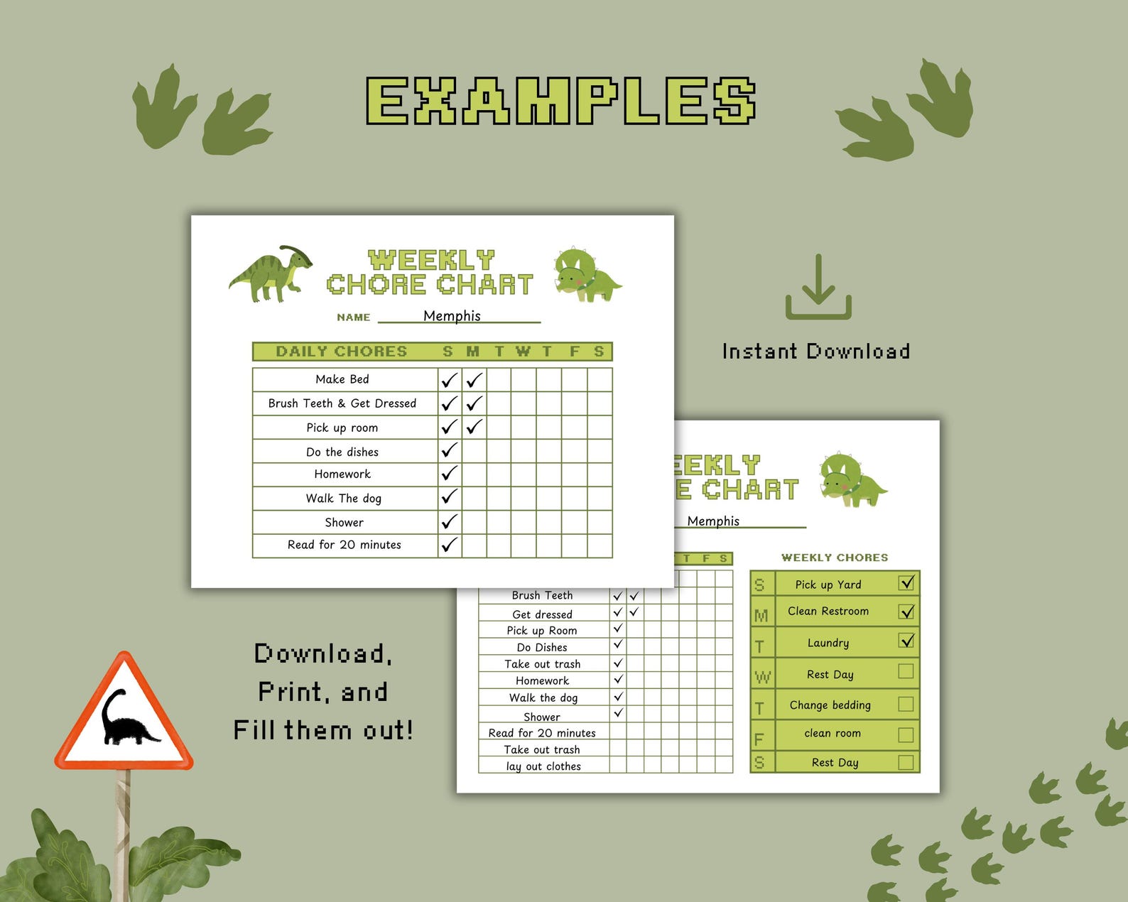 Dinosaur Weekly Chore Chart Printable | Letter Size PDF | Kids Routine ...