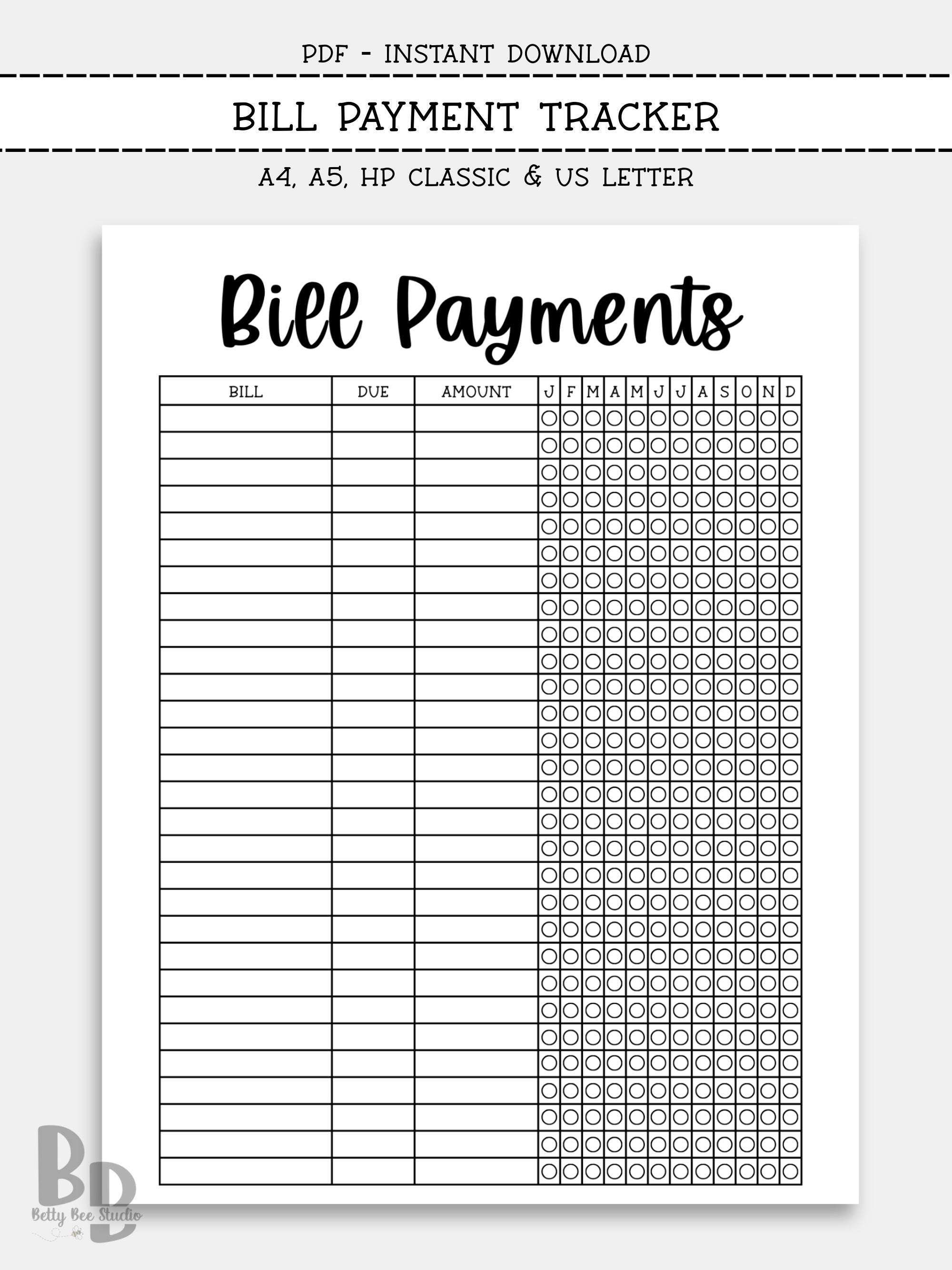 Printable Bill Payment Tracker – Monthly Bills Organizer PDF & Expenses ...