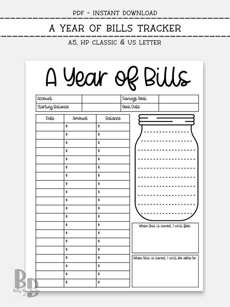 Year of Bills Tracker Printable | Annual Bill Organizer & Monthly ...
