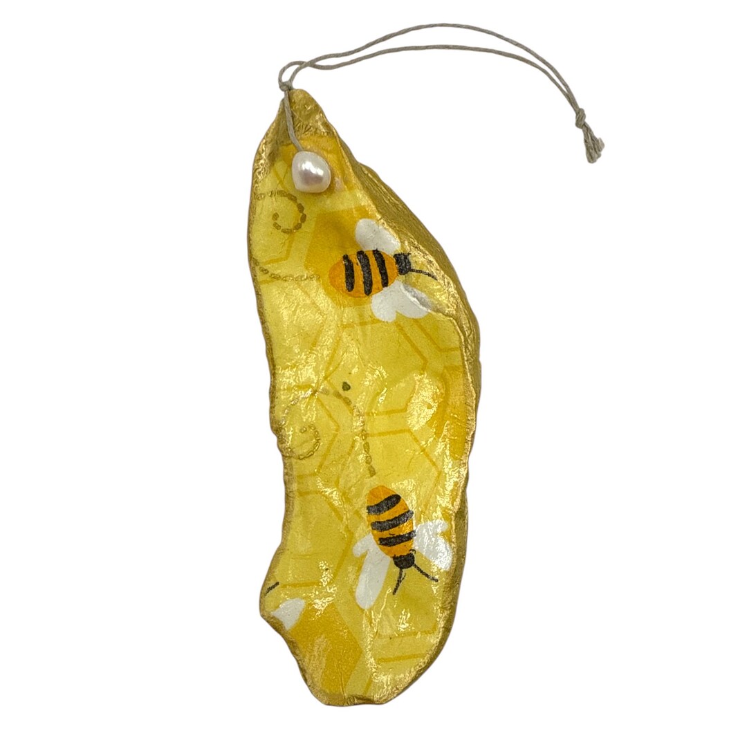 Bee Decoupage Oyster Shell Ornament – Handcrafted Gold-edged Hanging ...