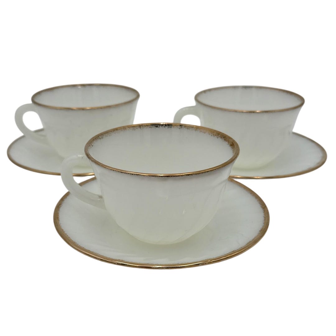 Vintage Fire-king Milk Glass Teacup Set: Gold Trim, Mid-century Modern ...