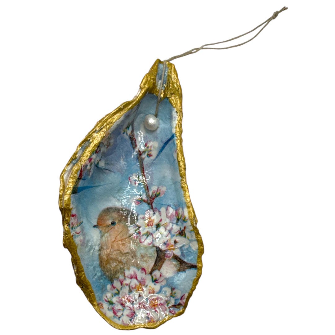 Handmade Decoupage Bird Oyster Shell Ornament – Spring Floral Coastal ...