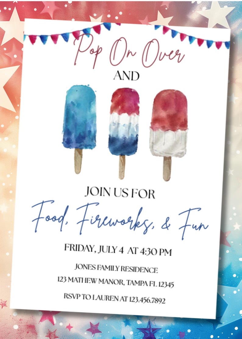 Editable Pop on Over Summer 4th of July Party Popsicle Fireworks BBQ ...