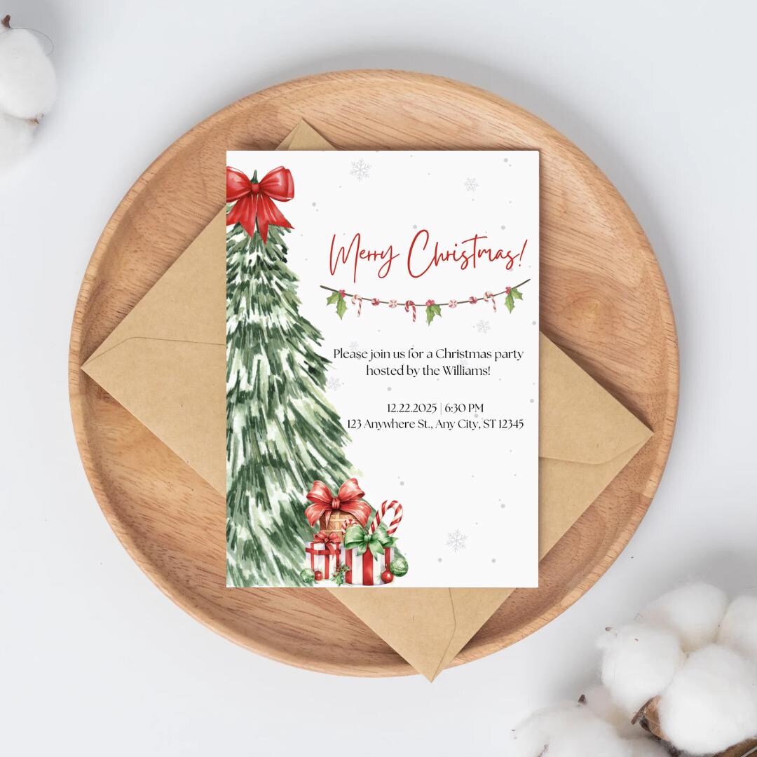 Red Bow Christmas Tree Party Invitation | Festive Holiday Digital ...