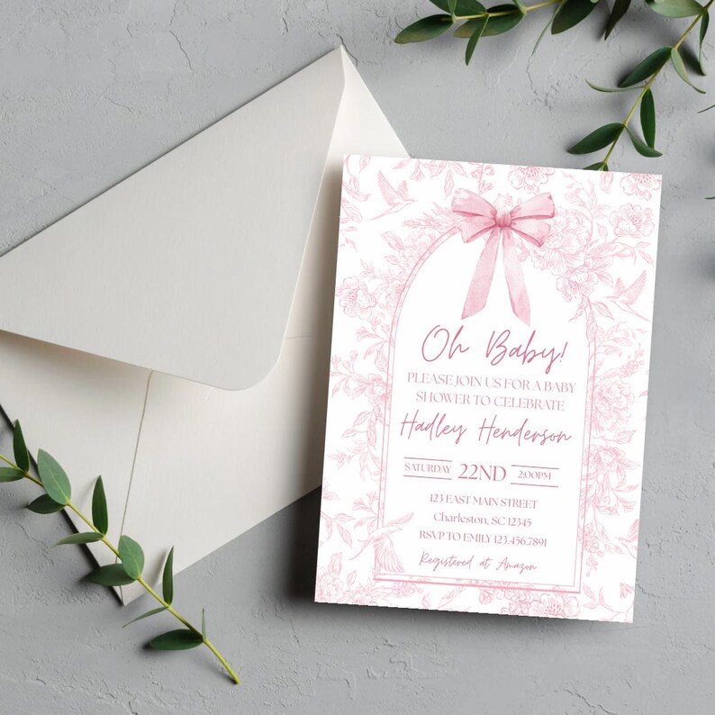Editable Oh Baby Invitation Baby Girl Baby Shower Preppy Evite Pink Bow ...