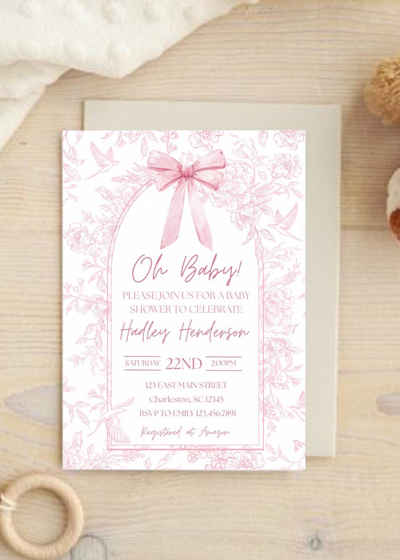 Editable Oh Baby Invitation Baby Girl Baby Shower Preppy Evite Pink Bow ...