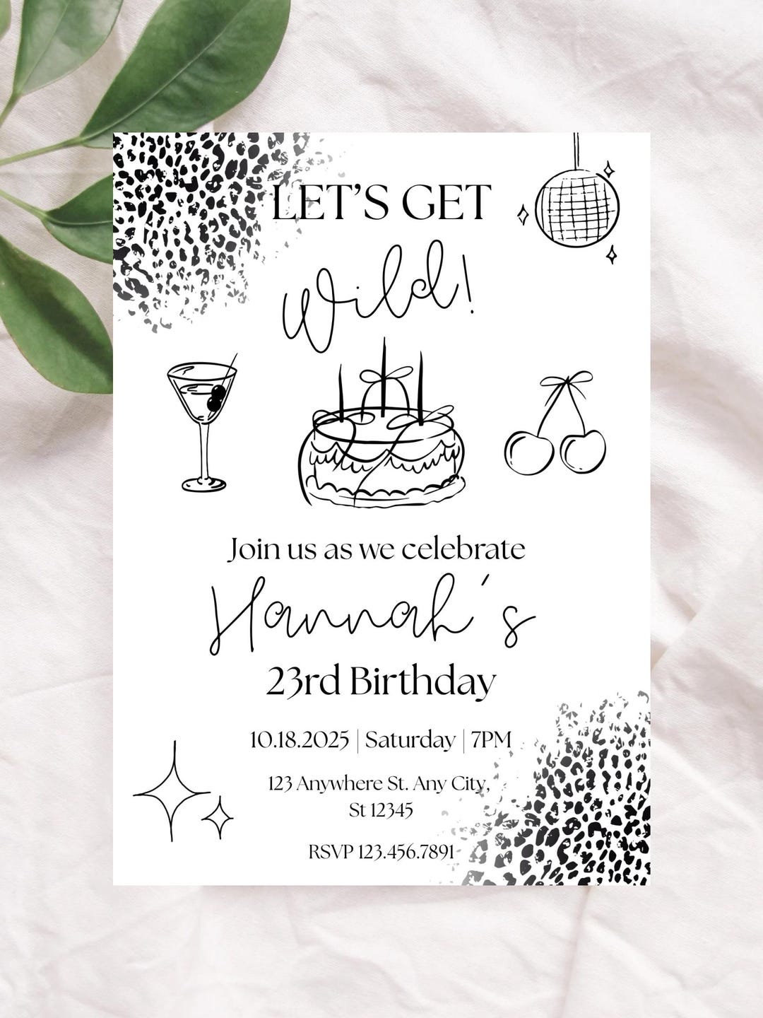 Preppy Cheetah Print Birthday Invitation Template | Black & White Disco ...