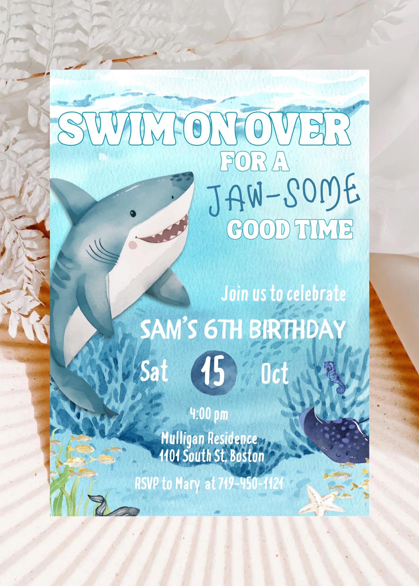 Editable Jaw-some Good Time Shark Birthday Invitation Little Boy Blue ...