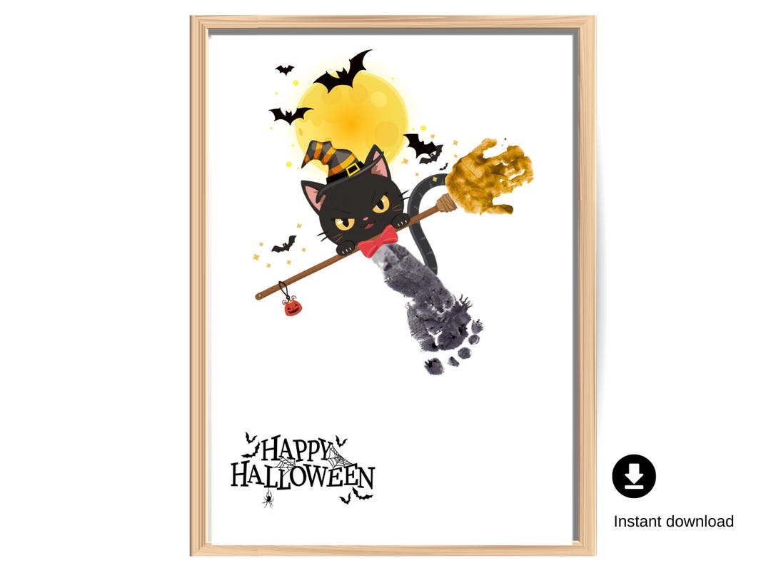 Witch Cat Handprint Footprint Art: Spooky Halloween Keepsake (digital ...