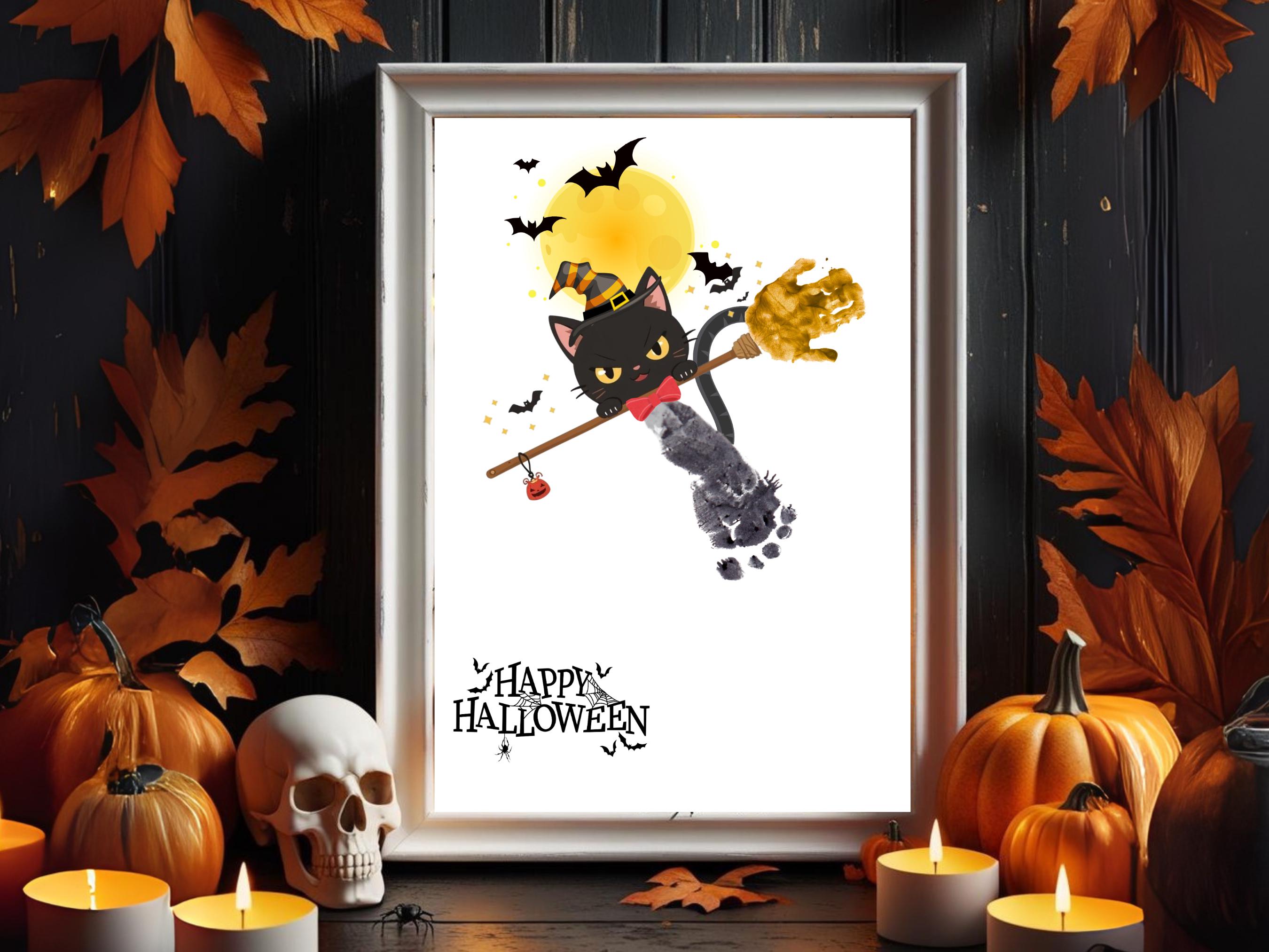 Witch Cat Handprint Footprint Art: Spooky Halloween Keepsake (digital ...