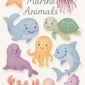 Watercolor Sea Animal Clipart Bundle – Cute Ocean Creatures PNG ...