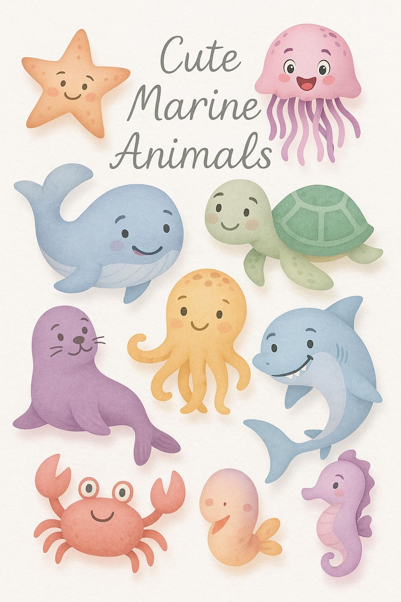 Watercolor Sea Animal Clipart Bundle – Cute Ocean Creatures PNG ...