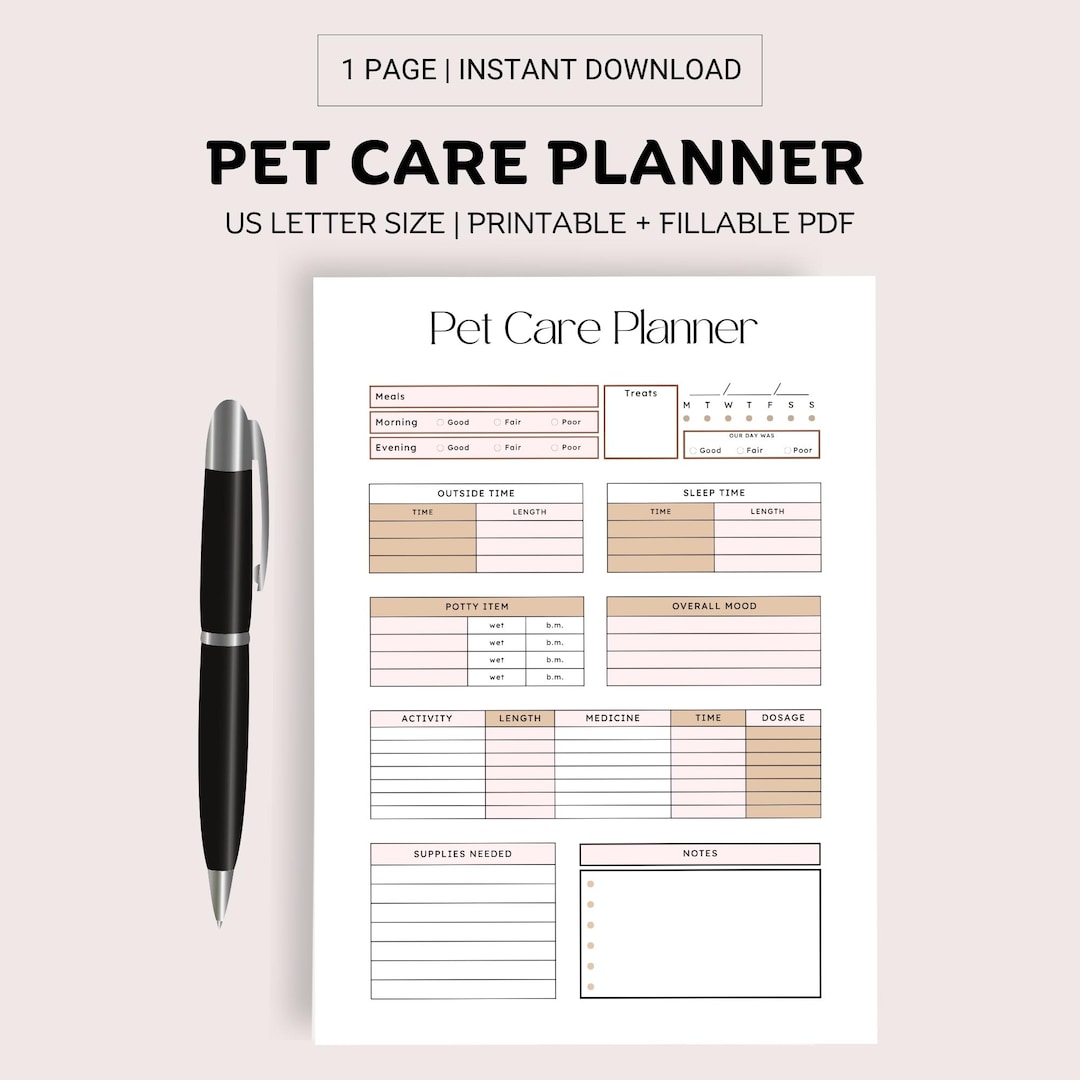 PET CARE PLANNER, Printable Pet Planner, Digital Pet Tracker, Fillable ...