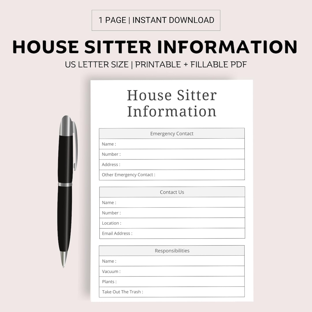 HOUSE SITTER INFO Sheet, Printable House Sitter Form, Digital House ...