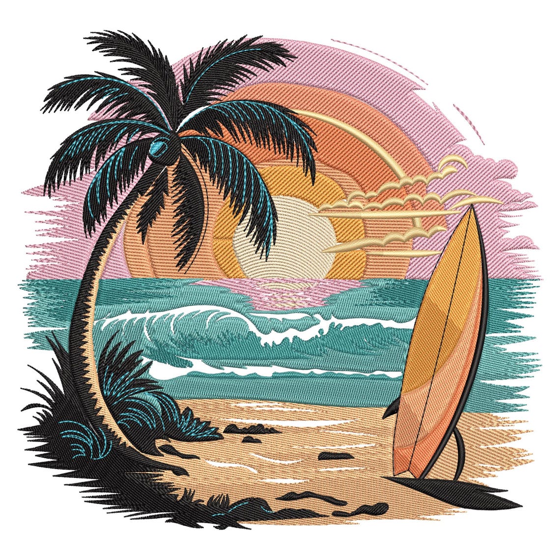 Tropical Beach Sunset Embroidery Design – Surfboard, Palm Tree & Ocean ...