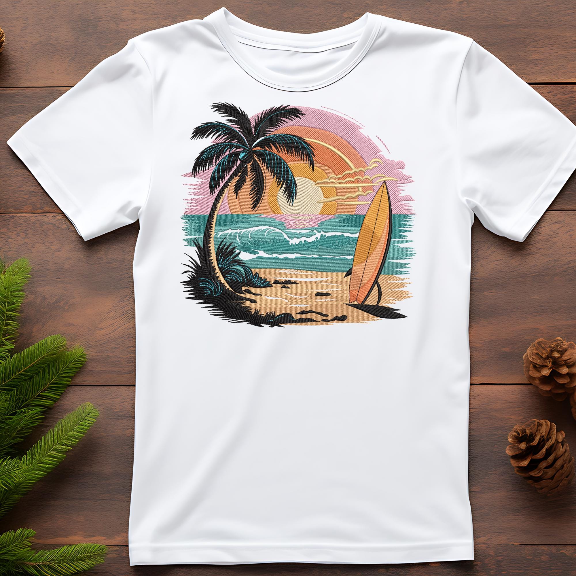 Tropical Beach Sunset Embroidery Design – Surfboard, Palm Tree & Ocean ...