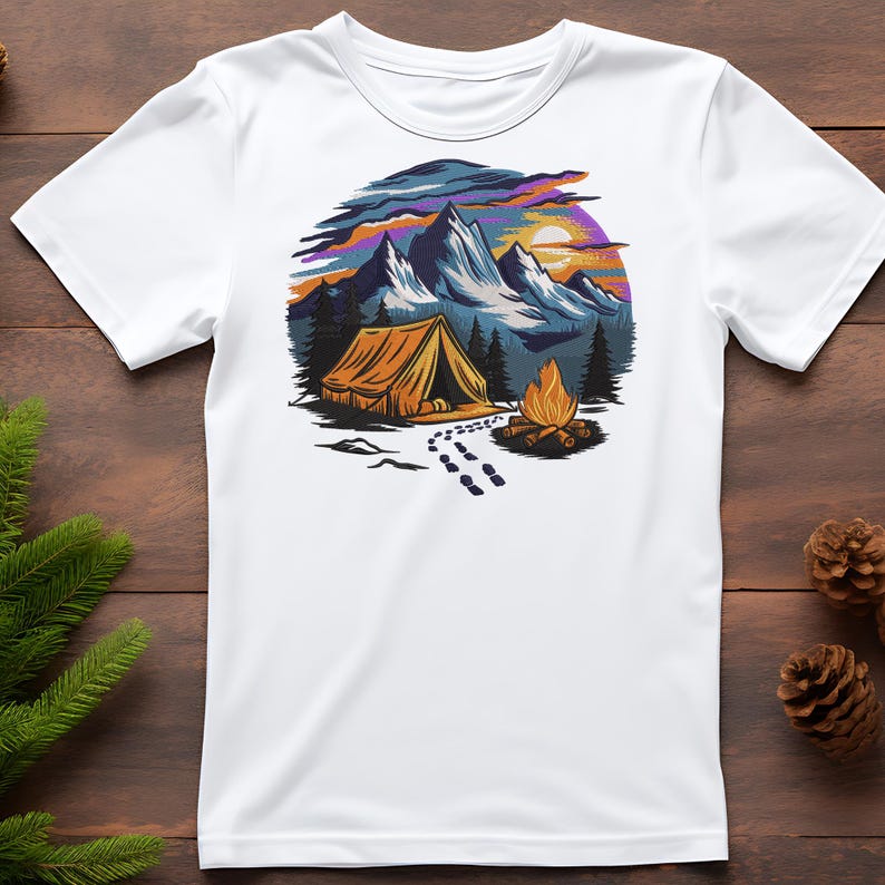 Mountain Camping Embroidery Design – Tent, Campfire & Snowy Peaks ...