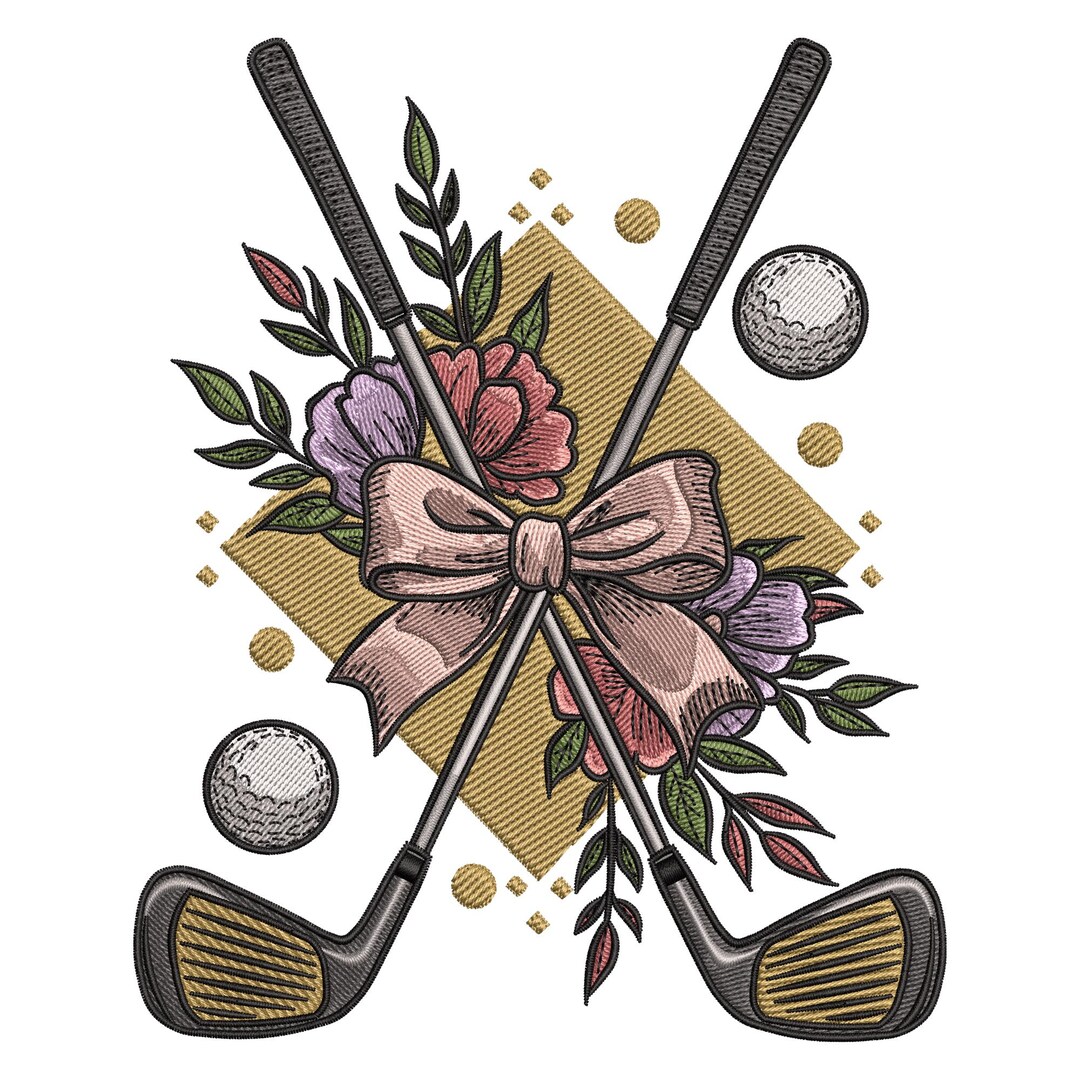 Floral Golf Clubs Embroidery Design: Bow & Golf Balls (multiple Formats ...