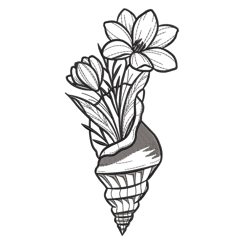 Seashell Flower Embroidery Design, Shell With Botanical Bloom Machine ...