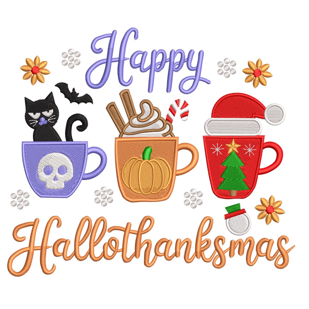 Happy Hallothanksmas Embroidery Design – Christmas Mugs Machine ...