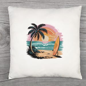 Tropical Beach Sunset Embroidery Design – Surfboard, Palm Tree & Ocean ...