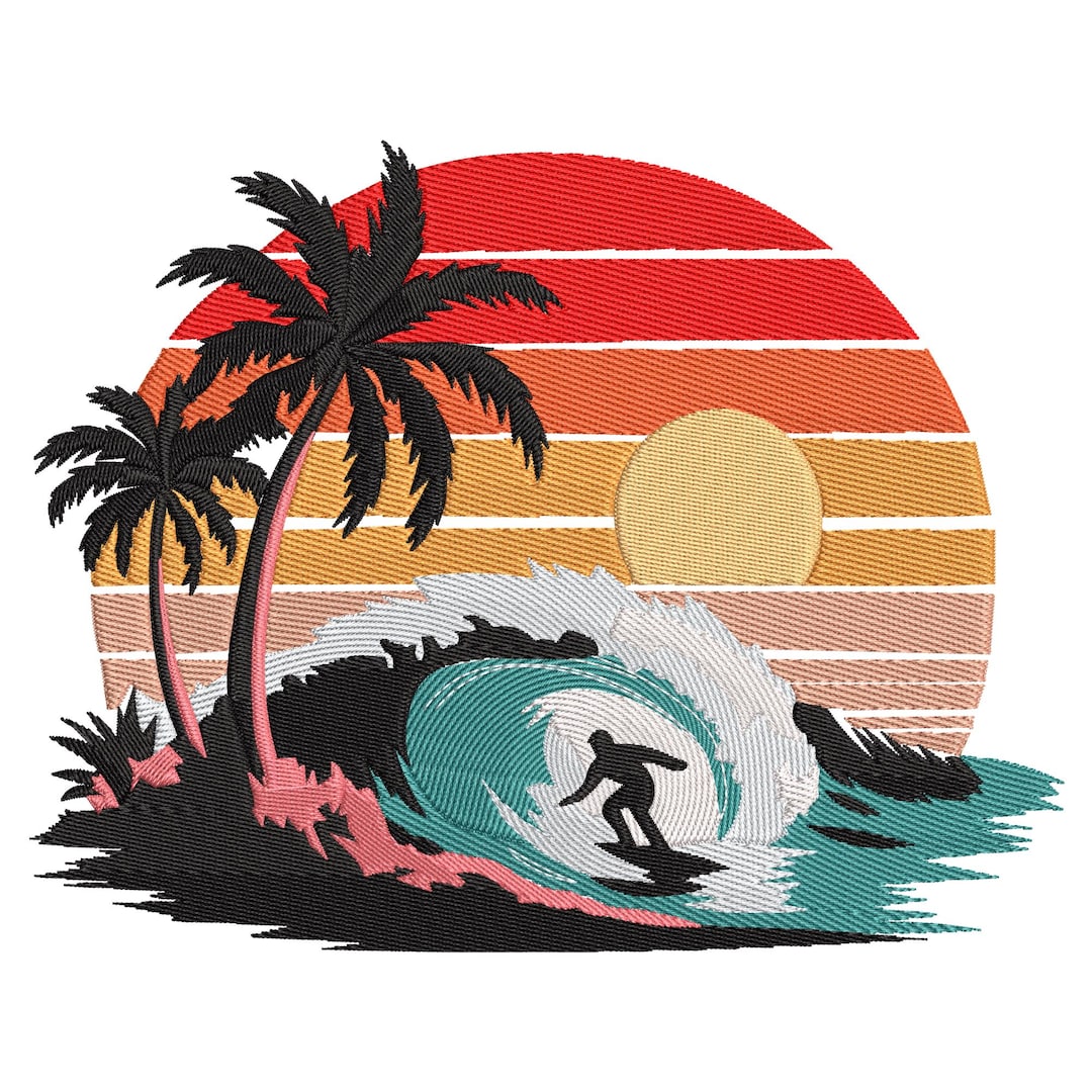 Surfing Sunset Embroidery Design: Tropical Beach Wave, Palm Tree - Etsy