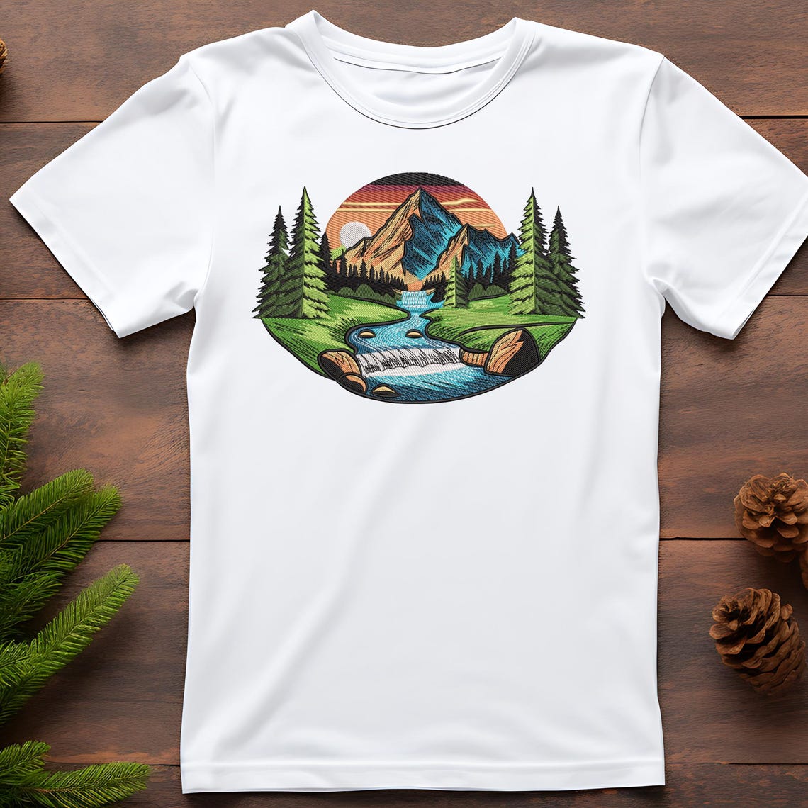 Mountain River Embroidery Design: Scenic Landscape Machine Embroidery ...