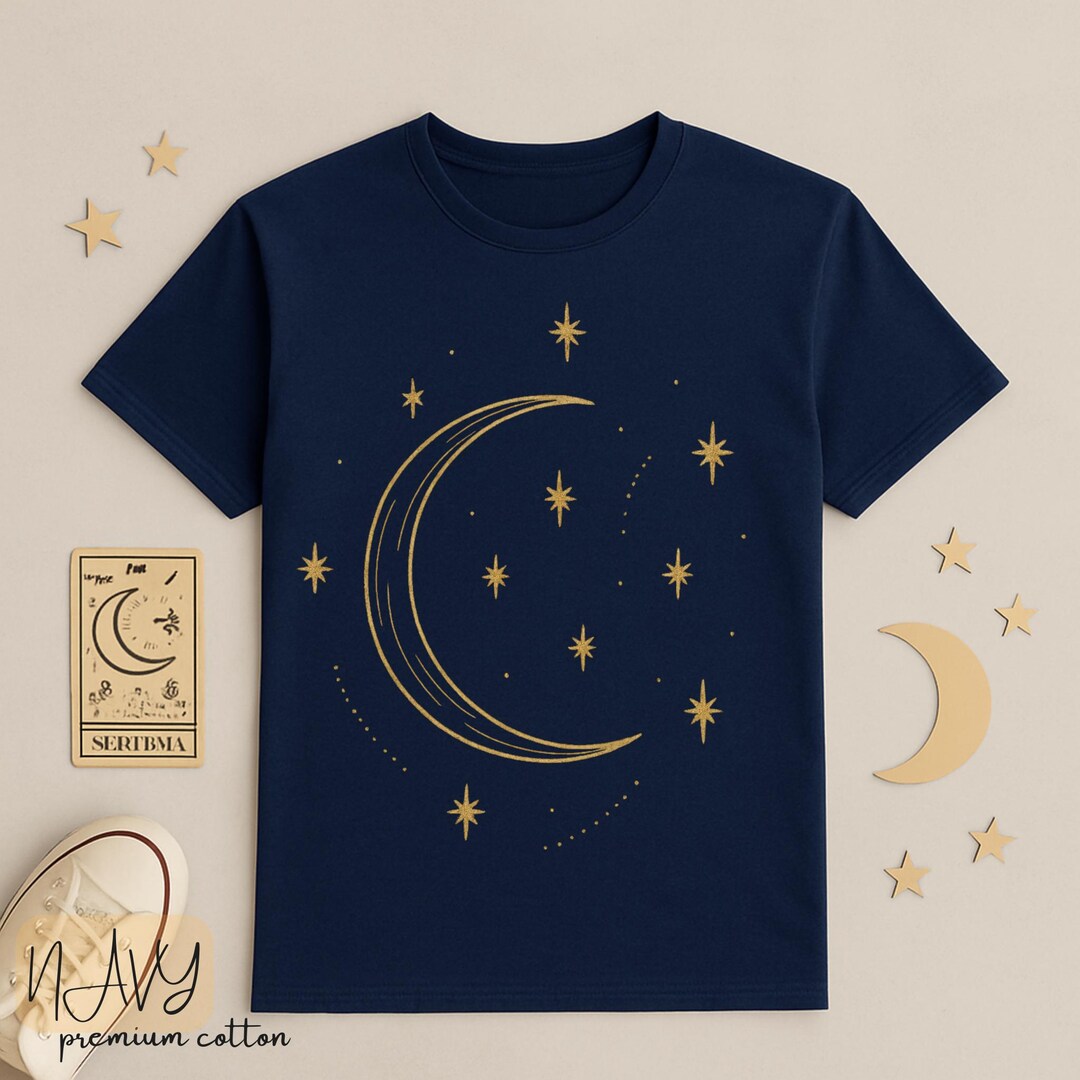 Starfall Crescent Moon Shirt Minimal Celestial Tee Cosmic Line Art Top ...